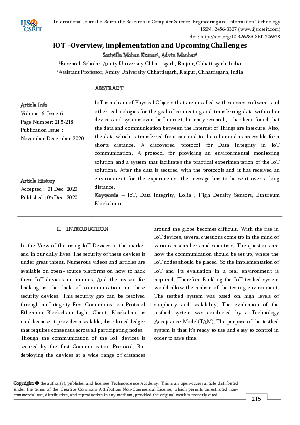 (PDF) IOT - Overview, Implementation and Upcoming Challenges