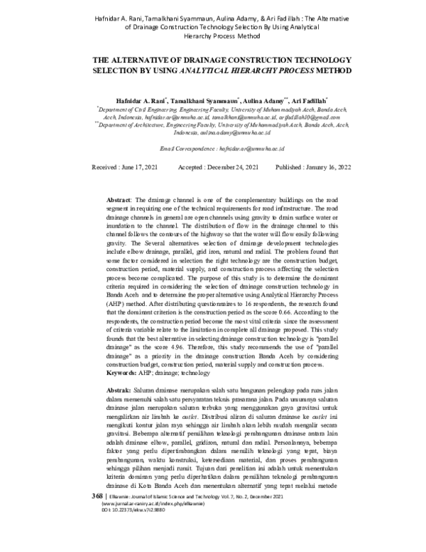 (PDF) The Alternative of Drainage Construction Technology Selection by Using Analytical ...