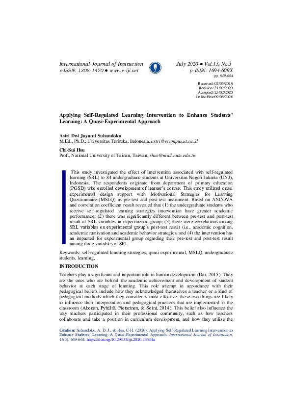 (PDF) Applying Self-Regulated Learning Intervention to Enhance Students’ Learning: A Quasi ...