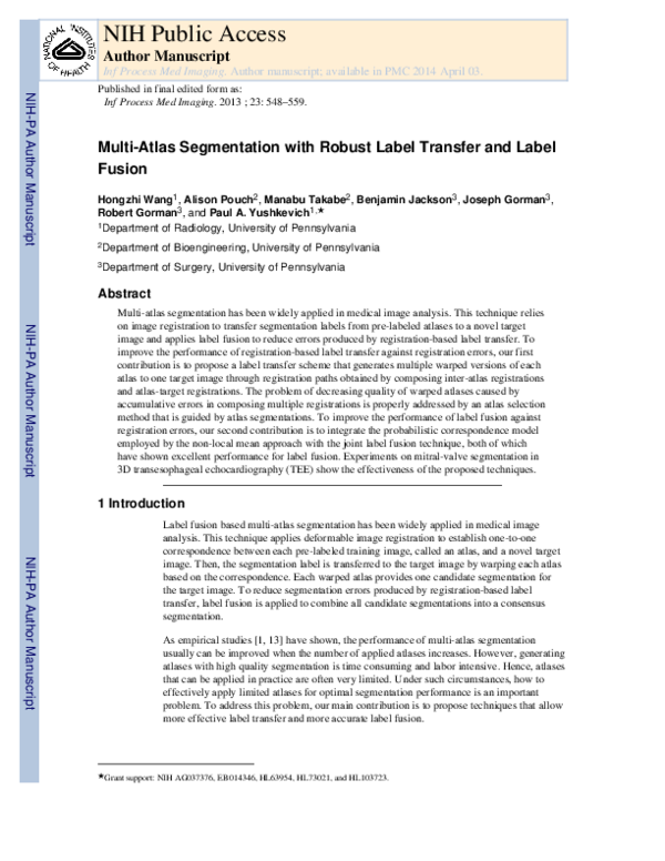(PDF) Multi-atlas segmentation with robust label transfer and label fusion