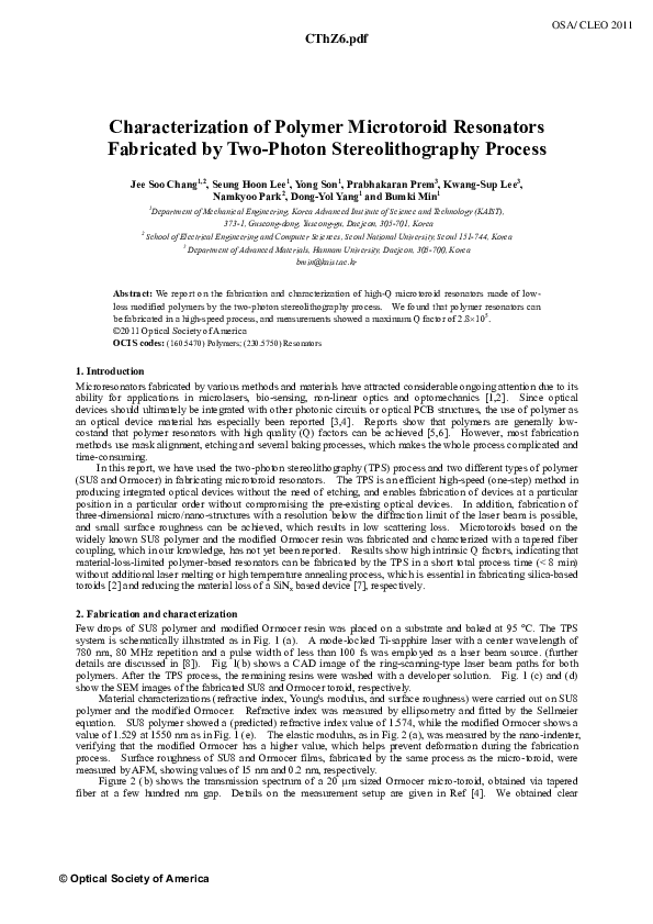 (PDF) Characterization of Polymer Microtoroid Resonators Fabricated by ...