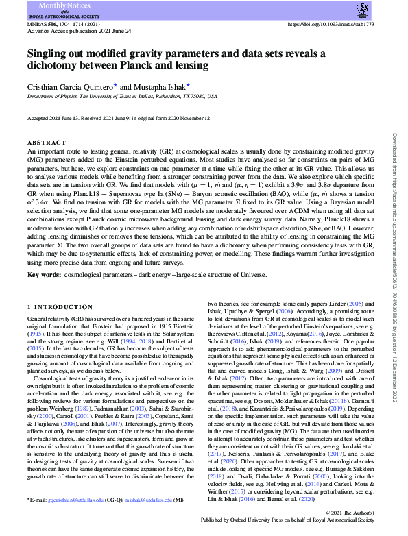 (PDF) Singling out modified gravity parameters and data sets reveals a ...