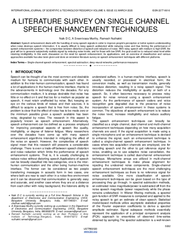 (PDF) A Literature Survey on Single Channel Speech Enhancement Techniques