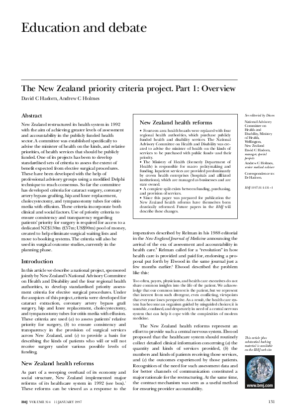 (PDF) The New Zealand priority criteria project. Part 1: Overview