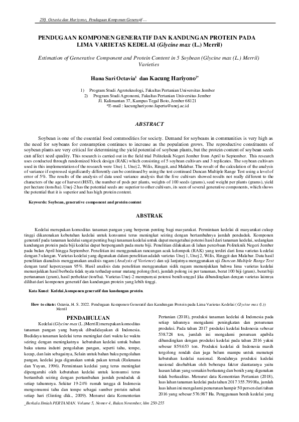 (PDF) Pendugaan Komponen Generatif Dan Kandungan Protein Pada Lima Varietas Kedelai (Glycine Max ...