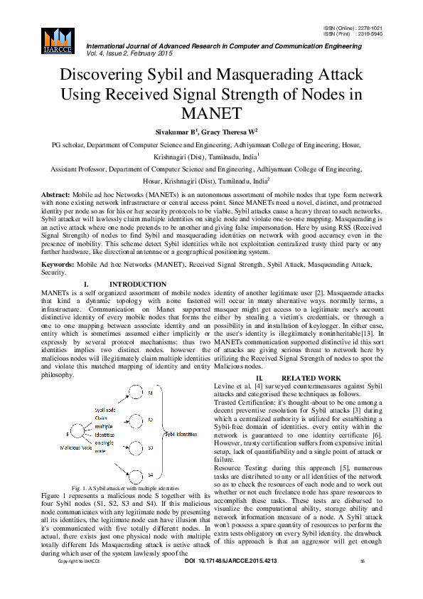 (PDF) Discovering Sybil and Masquerading Attack Using Received Signal Strength of Nodes in MANET
