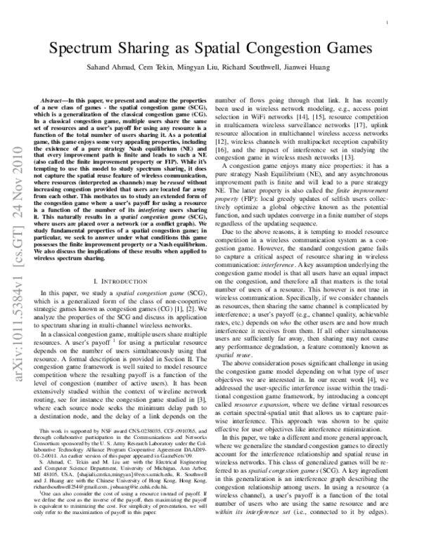 (PDF) Spectrum sharing as spatial congestion games
