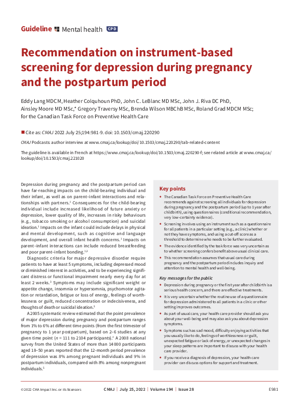 (PDF) Recommendation on instrument-based screening for depression ...