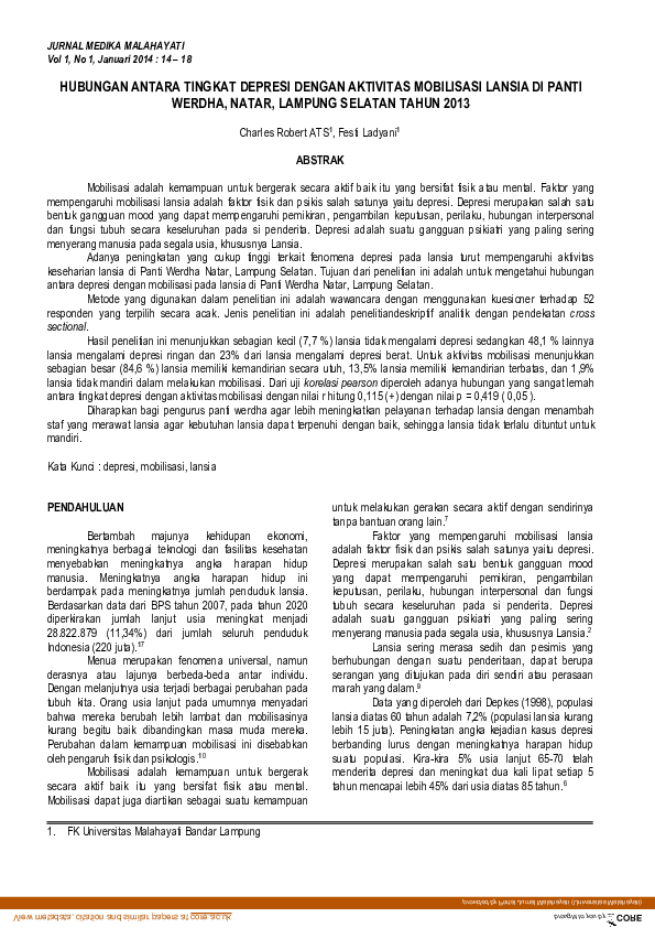 (PDF) Hubungan Antara Tingkat Depresi Dengan Aktivitas Mobilisasi Lansia DI Panti Werdha, Natar ...