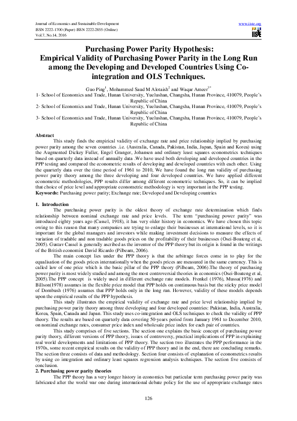 (PDF) Purchasing Power Parity Hypothesis: Empirical Validity of Purchasing Power Parity in the ...