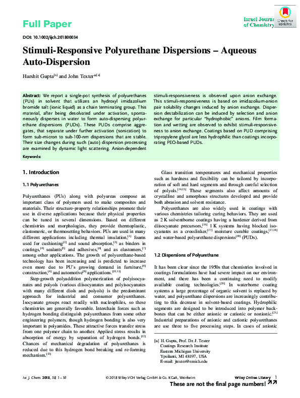 (PDF) Stimuli-Responsive Polyurethane Dispersions - Aqueous Auto-Dispersion