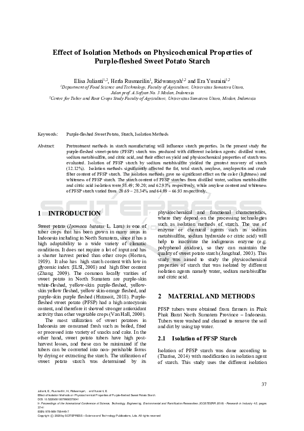 (PDF) Effect of Isolation Methods on Physicochemical Properties of Purple-fleshed Sweet Potato ...