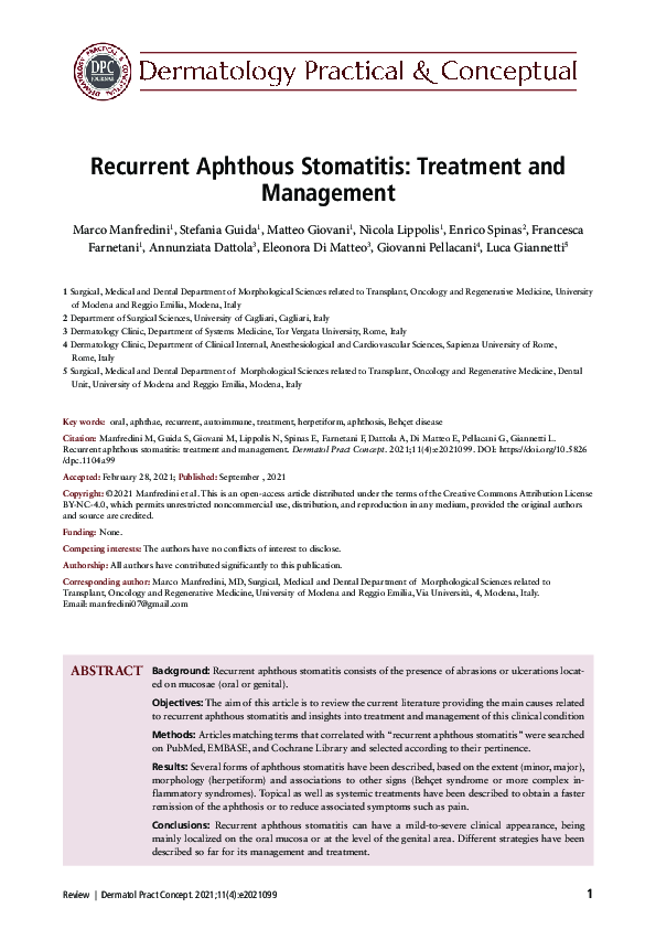(PDF) Recurrent Aphthous Stomatitis: Treatment and Management