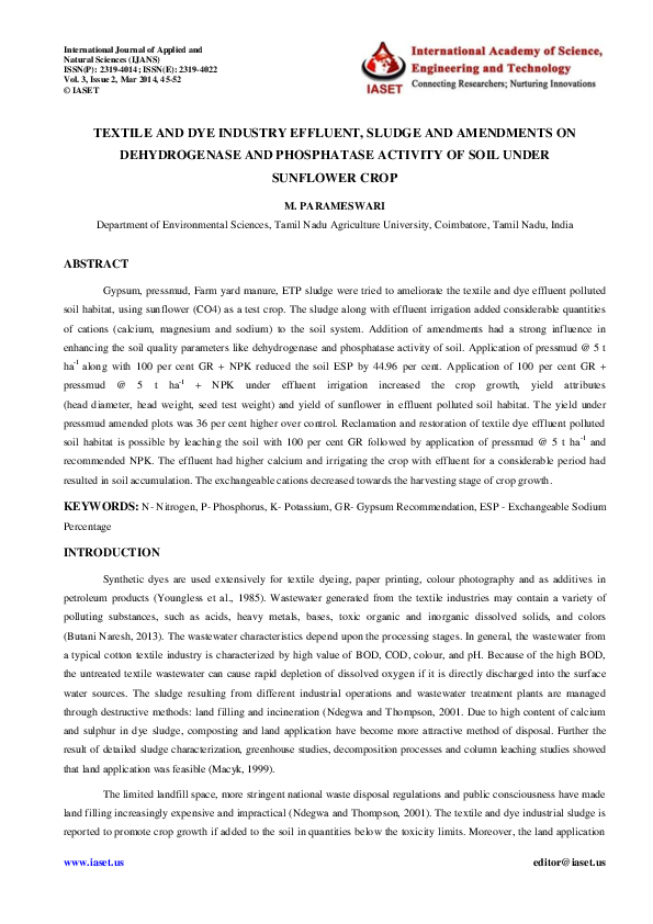 (PDF) TEXTILE AND DYE INDUSTRY EFFLUENT, SLUDGE AND AMENDMENTS ON ...