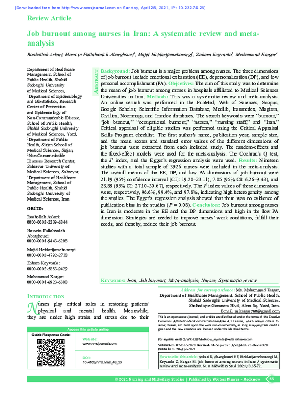 (PDF) Job burnout among nurses in Iran: a systematic review and meta ...