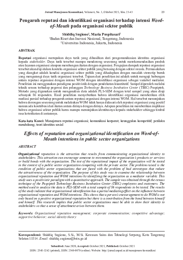 (PDF) Pengaruh reputasi dan identifikasi organisasi terhadap intensi ...