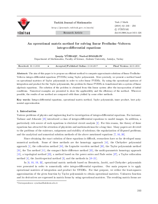 Pdf An Operational Matrix Method For Solving Linear Fredholm
