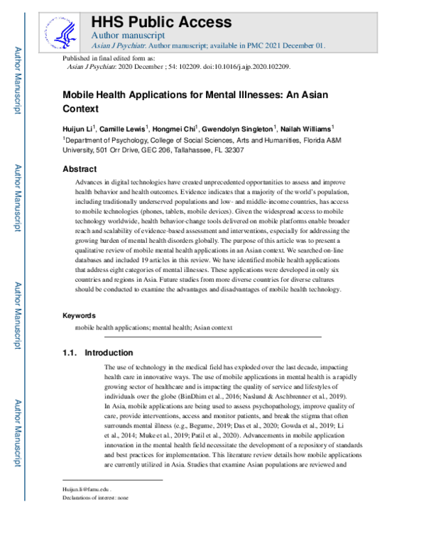 (PDF) Mobile health applications for mental illnesses: An Asian context