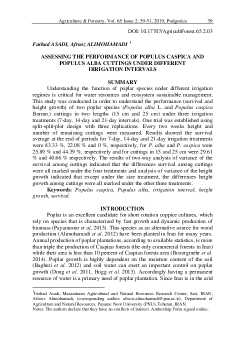 (PDF) Assessing the Performance of Populus Caspica and Populus Alba Cuttings Under Different ...