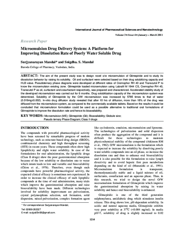 (PDF) Microemulsion Drug Delivery System: A Platform for Improving ...