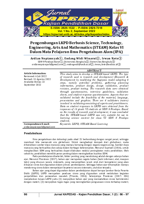 (PDF) Pengembangan LKPD Berbasis Science, Technology, Engineering, Arts And Mathematics (STEAM ...
