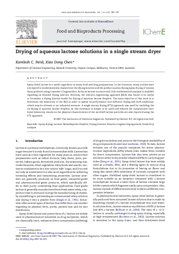(PDF) Drying of aqueous lactose solutions in a single stream dryer