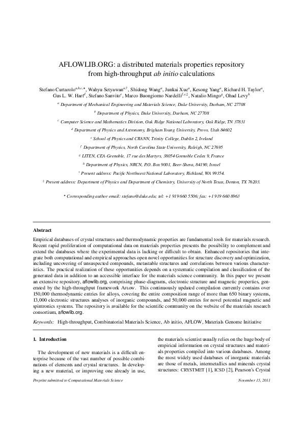 Pdf Aflowliborg A Distributed Materials Properties Repository From High Throughput Ab Initio