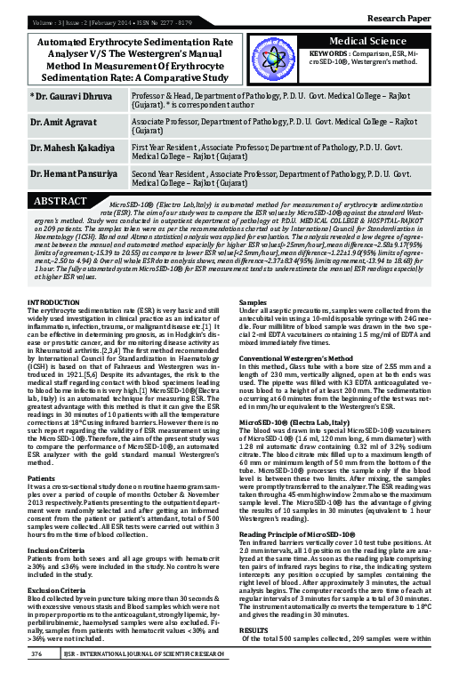 (PDF) Automated Erythrocyte Sedimentation Rate Analyser V/S The ...