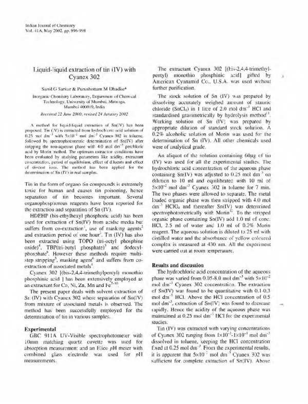 (PDF) Liquid-liquid extraction of tin (IV) with Cyanex 302