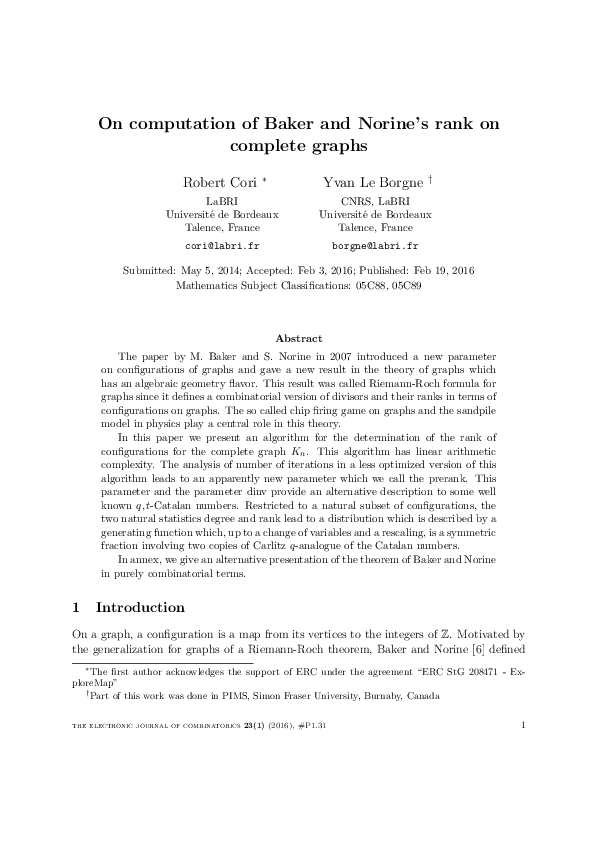 (PDF) On Computation of Baker and Norine’s Rank on Complete Graphs