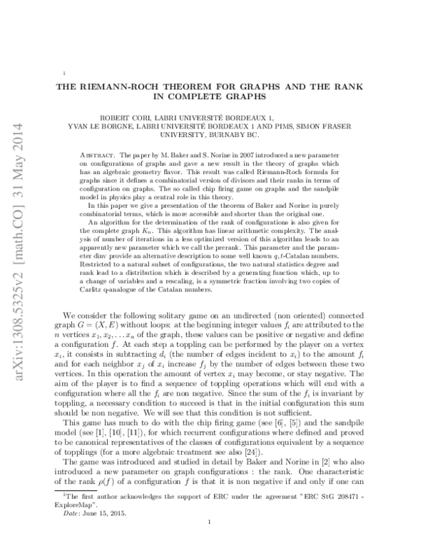 (PDF) The Riemann-Roch theorem for graphs and the rank in complete graphs