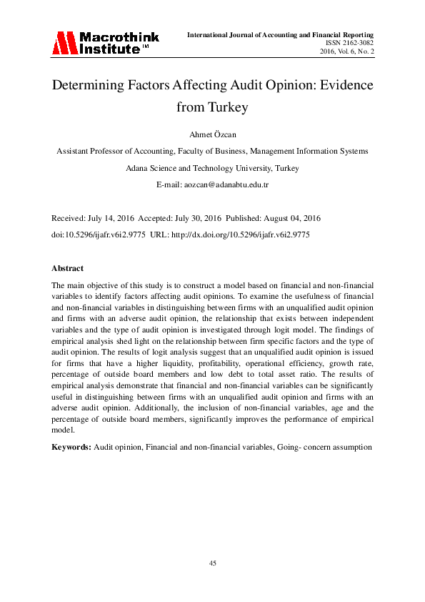 (PDF) Determining Factors Affecting Audit Opinion: Evidence from Turkey
