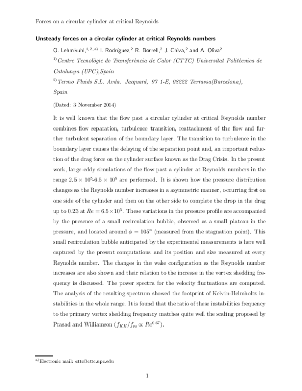 (PDF) Unsteady forces on a circular cylinder at critical Reynolds numbers