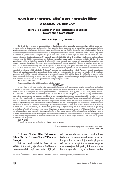 (PDF) SÖZLÜ GELENEKTEN SÖZÜN GELENEKSİZLİĞİNE: ATASÖZÜ VE REKLAM From ...