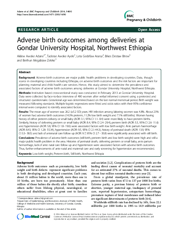 (PDF) Adverse birth outcomes among deliveries at Gondar University Hospital, Northwest Ethiopia ...