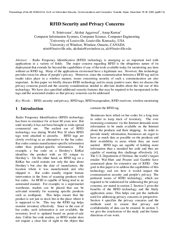 (PDF) RFID security and privacy concerns