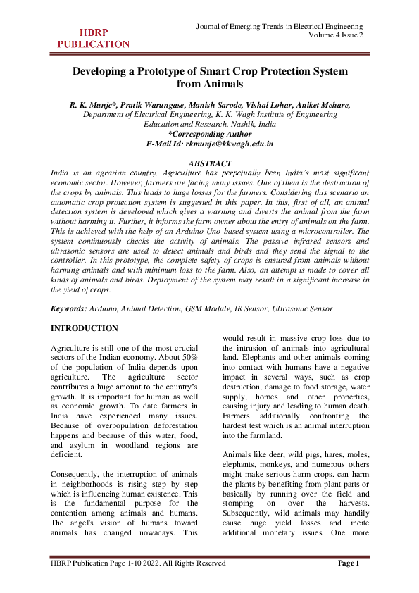 (PDF) Developing a Prototype of Smart Crop Protection System from Animals