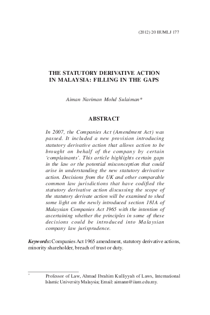 (PDF) The Statutory Derivative Action in Malaysia: Filling in the Gaps
