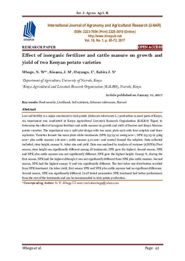 (PDF) Effect of inorganic fertilizer and cattle manure on growth and yield of two Kenyan potato ...