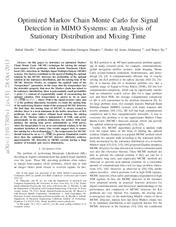 Pdf Optimized Markov Chain Monte Carlo For Signal Detection In Mimo Systems An Analysis Of