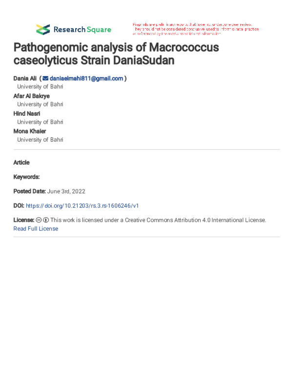 (PDF) Pathogenomic analysis of Macrococcus caseolyticus Strain DaniaSudan