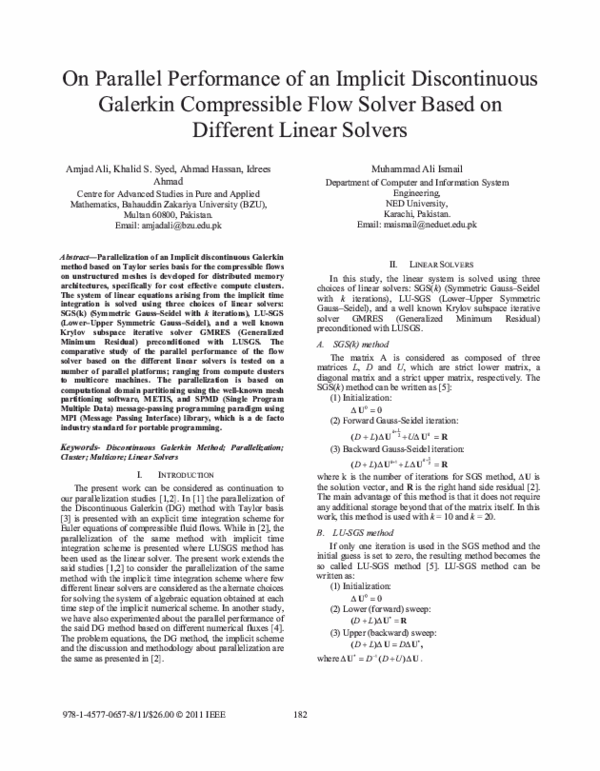 (PDF) On parallel performance of an implicit discontinuous Galerkin compressible flow solver ...