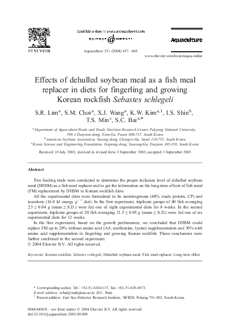 (PDF) Effects of dehulled soybean meal as a fish meal replacer in diets ...