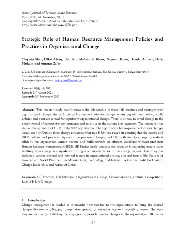 (PDF) Strategic Role of Human Resource Management Policies and Practices in Organizational Change