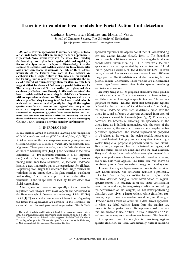 Pdf Learning To Combine Local Models For Facial Action Unit Detection
