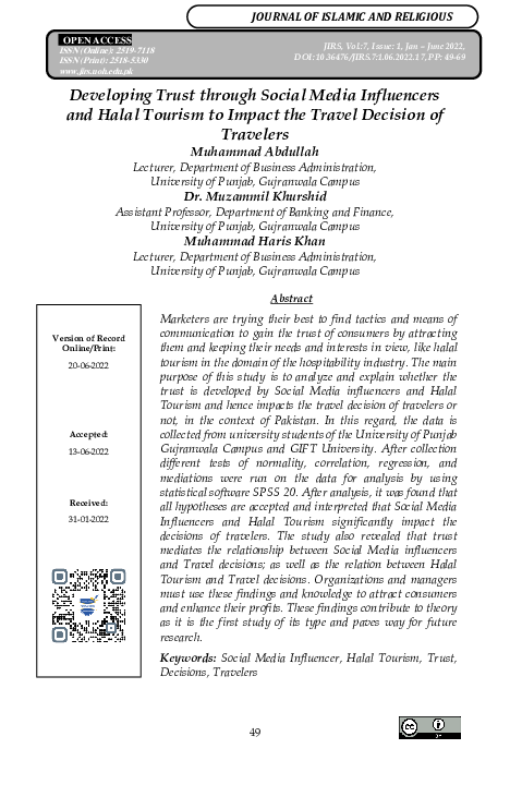 (PDF) Developing Trust through Social Media Influencers and Halal Tourism to Impact the Travel ...