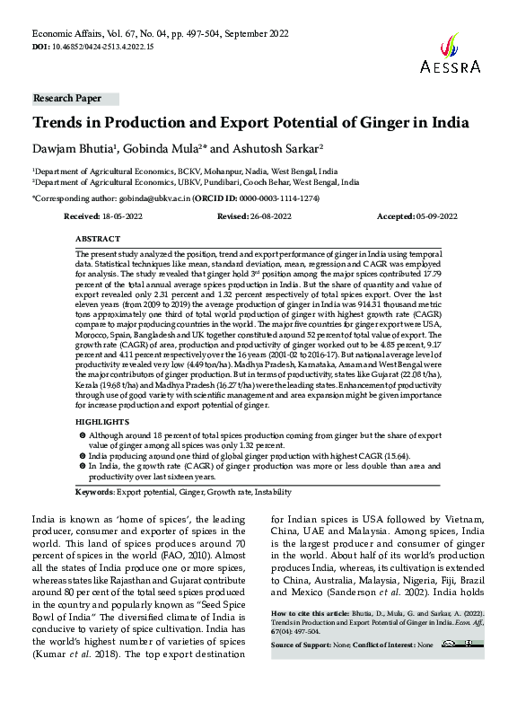 (PDF) Trends in Production and Export Potential of Ginger in India