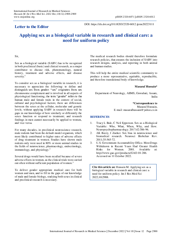 Pdf Applying Sex As A Biological Variable In Research And Clinical Care A Need For Uniform Policy