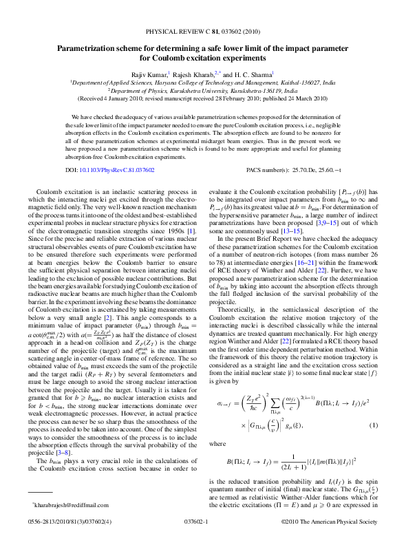 (PDF) Parametrization scheme for determining a safe lower limit of the impact parameter for ...