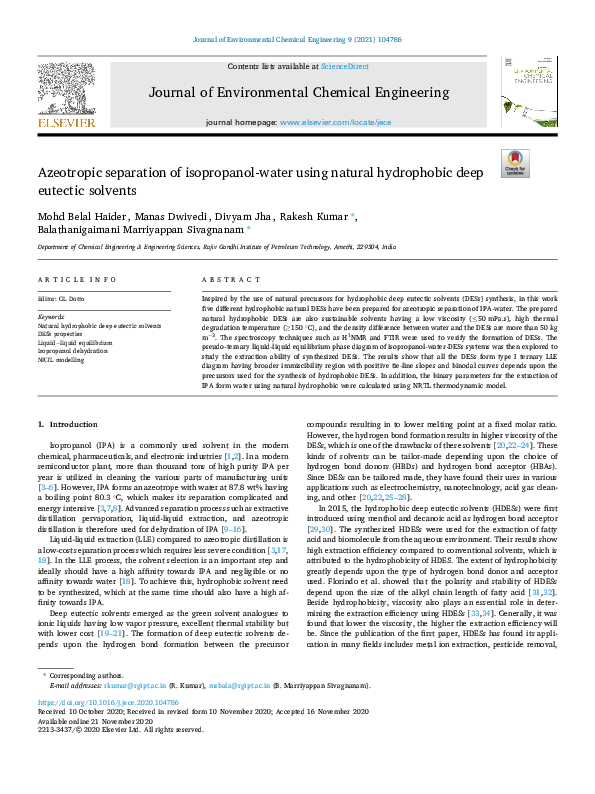 (PDF) Azeotropic separation of isopropanol-water using natural ...